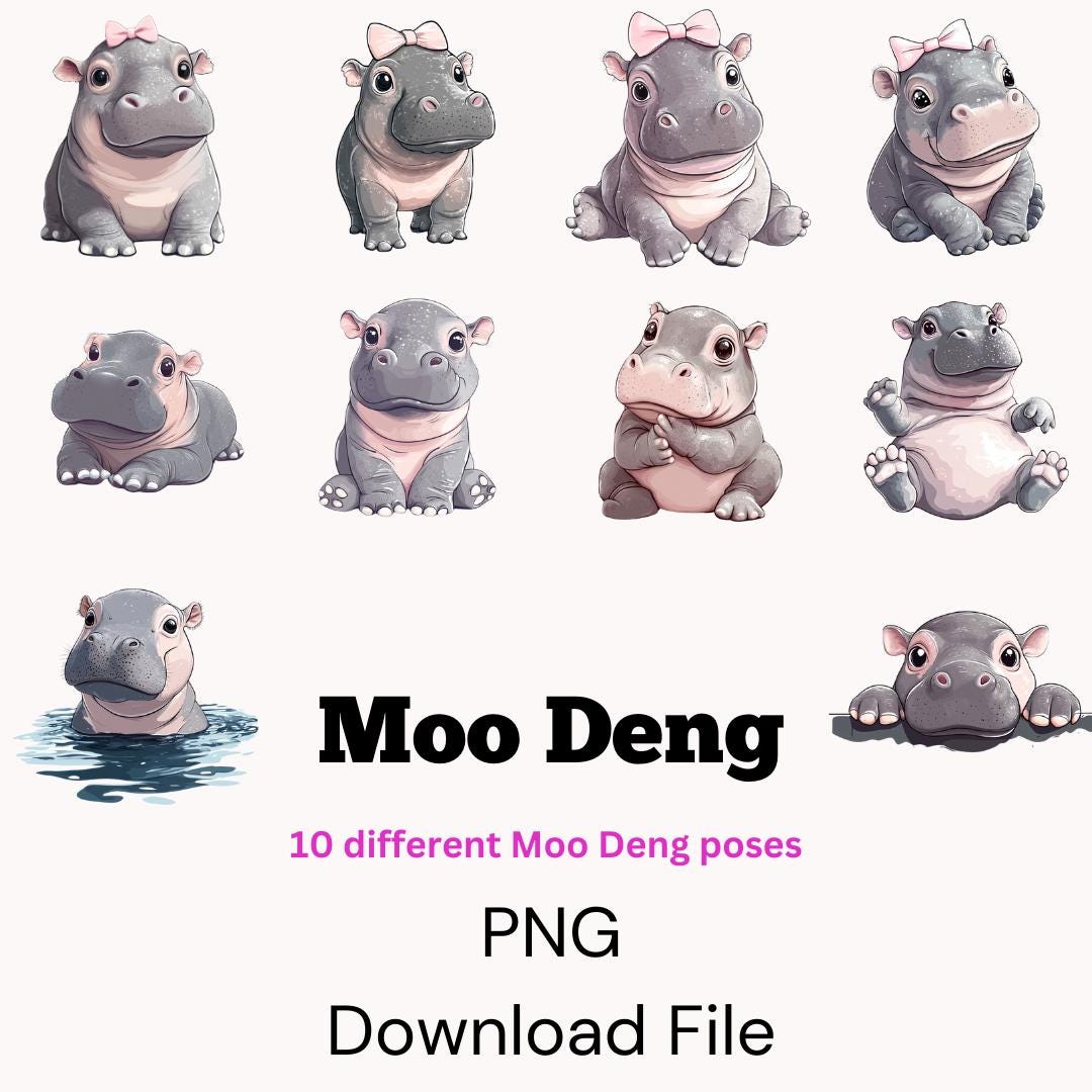 Moo Deng PNG Bundle, Cute Moo Deng Hippo PNG, Baby Pygmy Hippo, I Love ...
