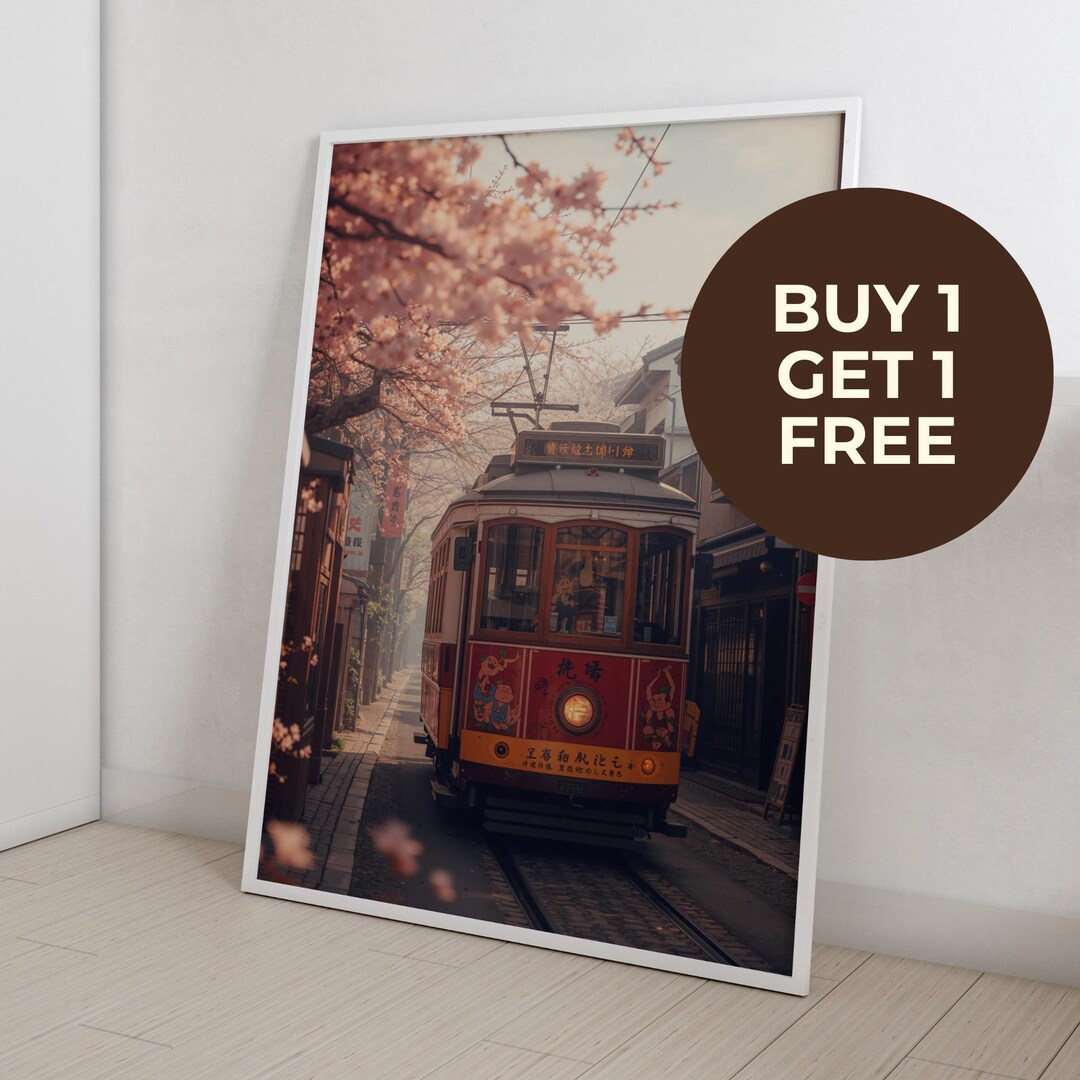 Vintage Japanese Tram Poster | Sakura Street Wall Art | Retro Anime ...