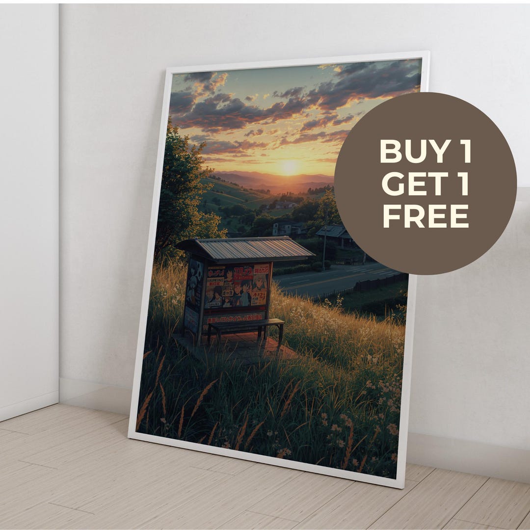 Japanese Bus Stop Sunset Poster | Anime Scenery Wall Art | Nostalgic ...