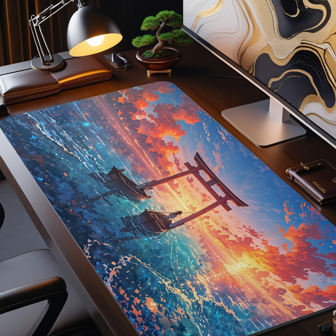Torii Gate Anime Desk Mat, Sunset Ocean, Fantasy Gaming Pad - Etsy
