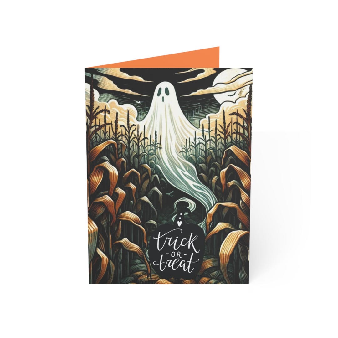Trick or Treat Halloween Watercolor, Ghost in the Corn Field, Full Moon ...