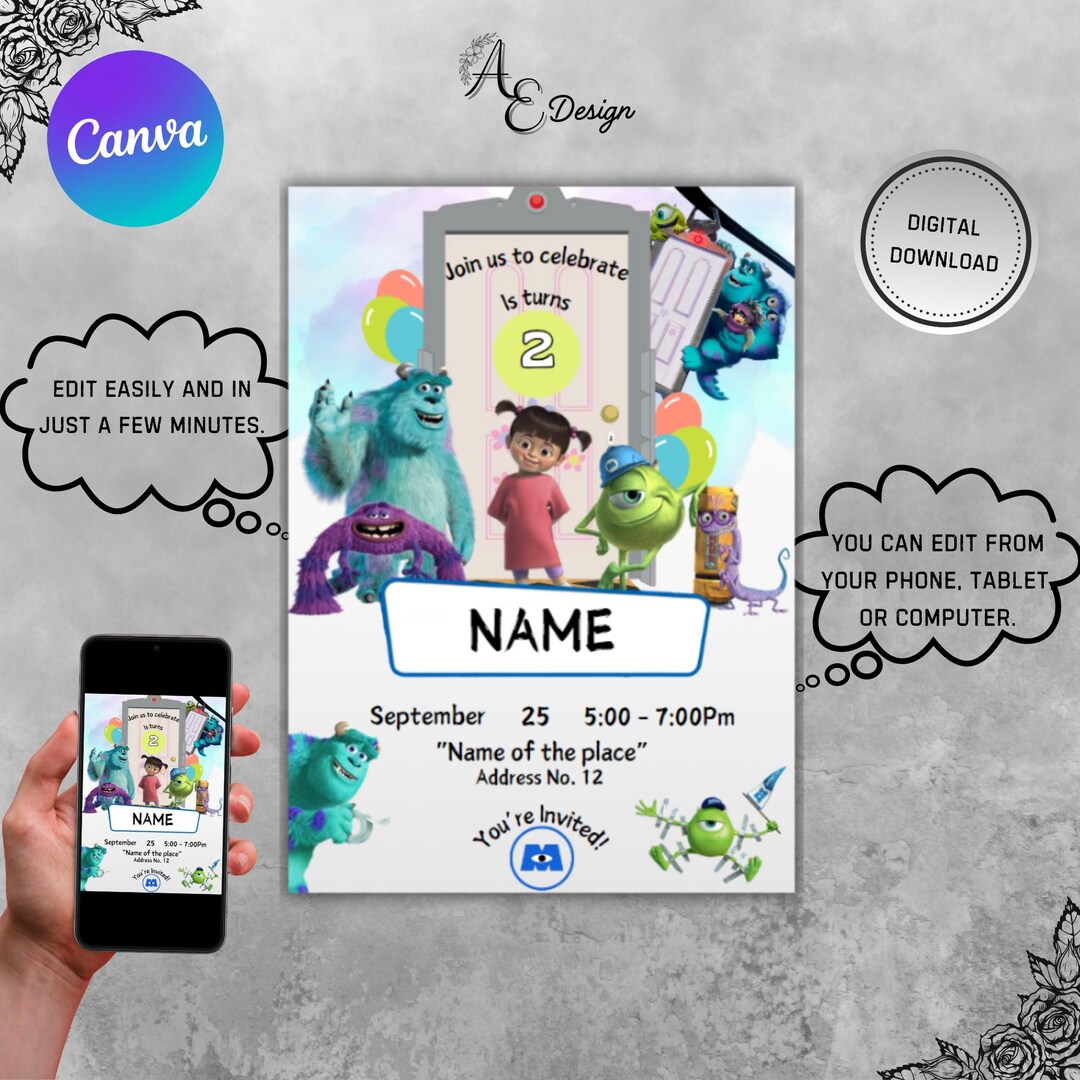 Invitación De Monsters Inc Digital Editable Invitación Fiesta ...
