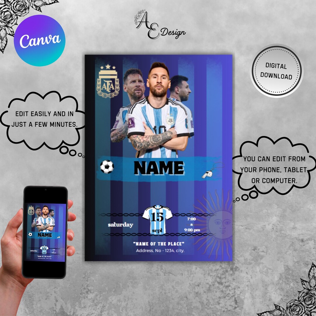 Invitación De Cumpleaños Editable Leonel Messi Argentina, Fútbol ...