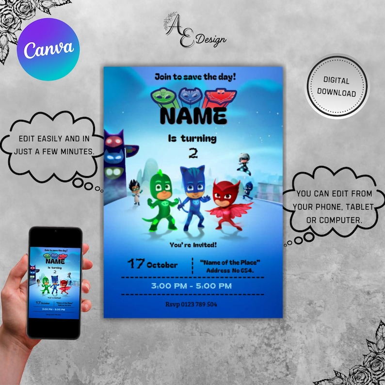 Invitación de cumpleaños editable de Pj Mask Heroes en Pijama Catboy ...