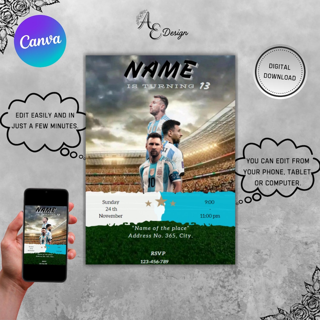 Invitación De Cumpleaños Editable MESSI Plantilla Digital Fiesta De ...