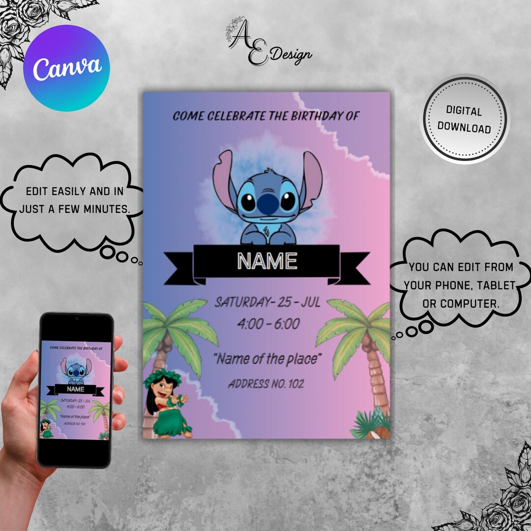 Invitación De Cumpleaños Editable Lilo Y Stitch Fiesta De Cumpleaños ...