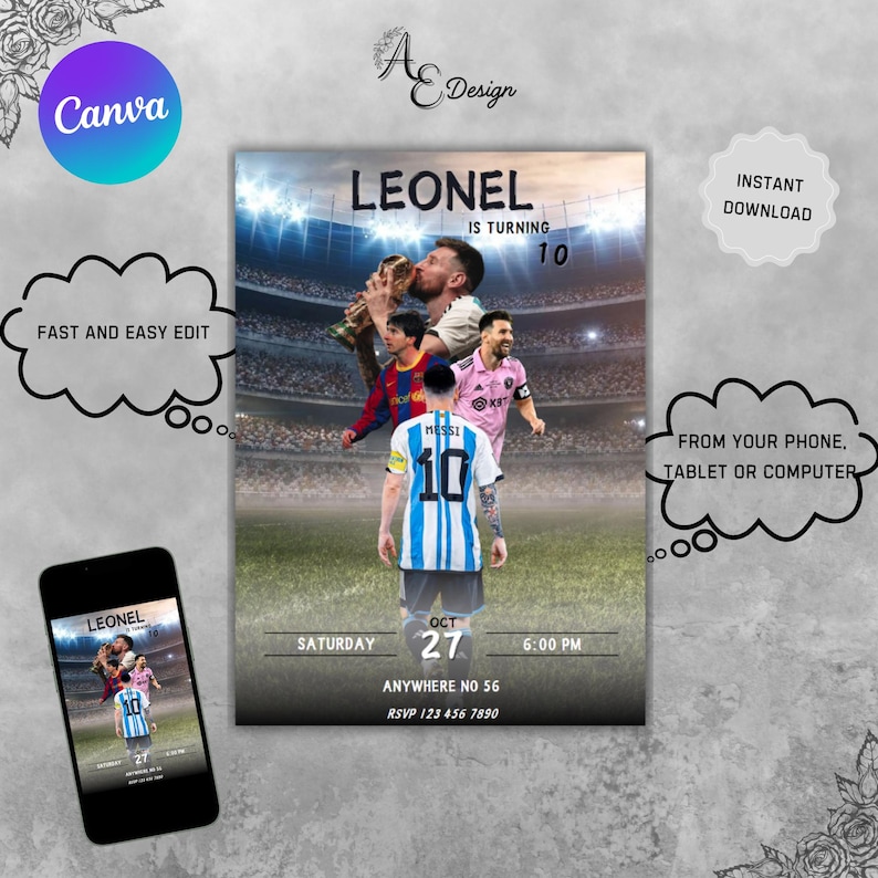 Invitación De Cumpleaños Digital Editable Leonel Messi Fiesta De ...