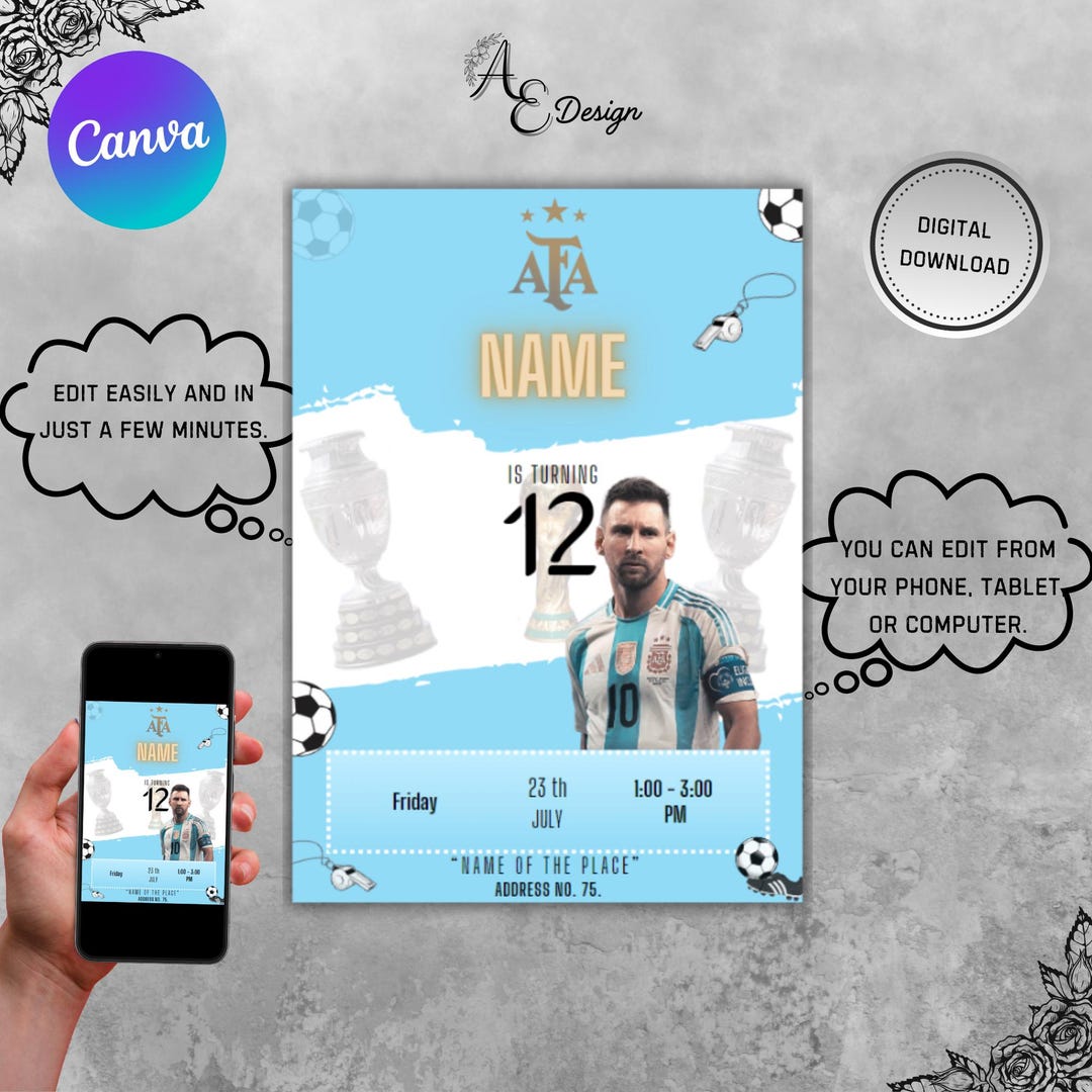 Invitación De Cumpleaños Digital Editable Leonel Messi Messi Argentina ...