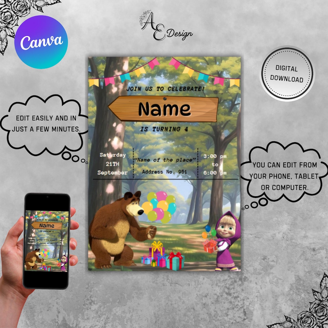 Invitación De Cumpleaños De Masha Y El Oso Digital Plantilla Editable ...