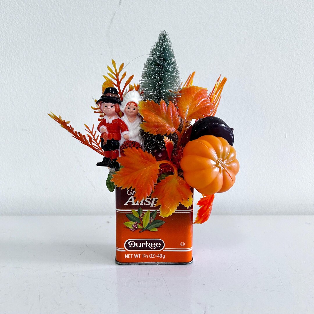 Vintage Thanksgiving Centerpiece -- Pilgrims, Bottlebrush Tree on ...