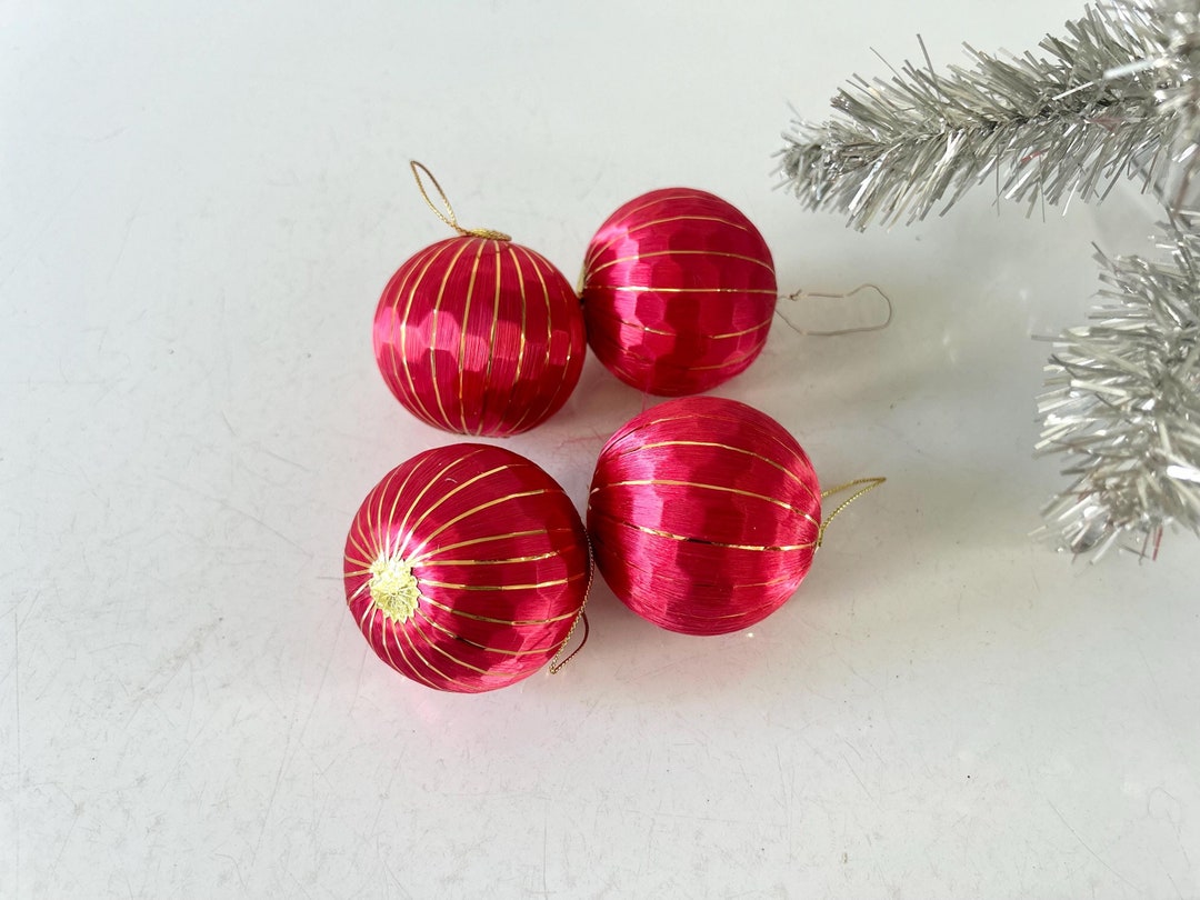 4 Vintage Christmas Rose Red Satin Balls With Gold Tinsel Stripes and ...