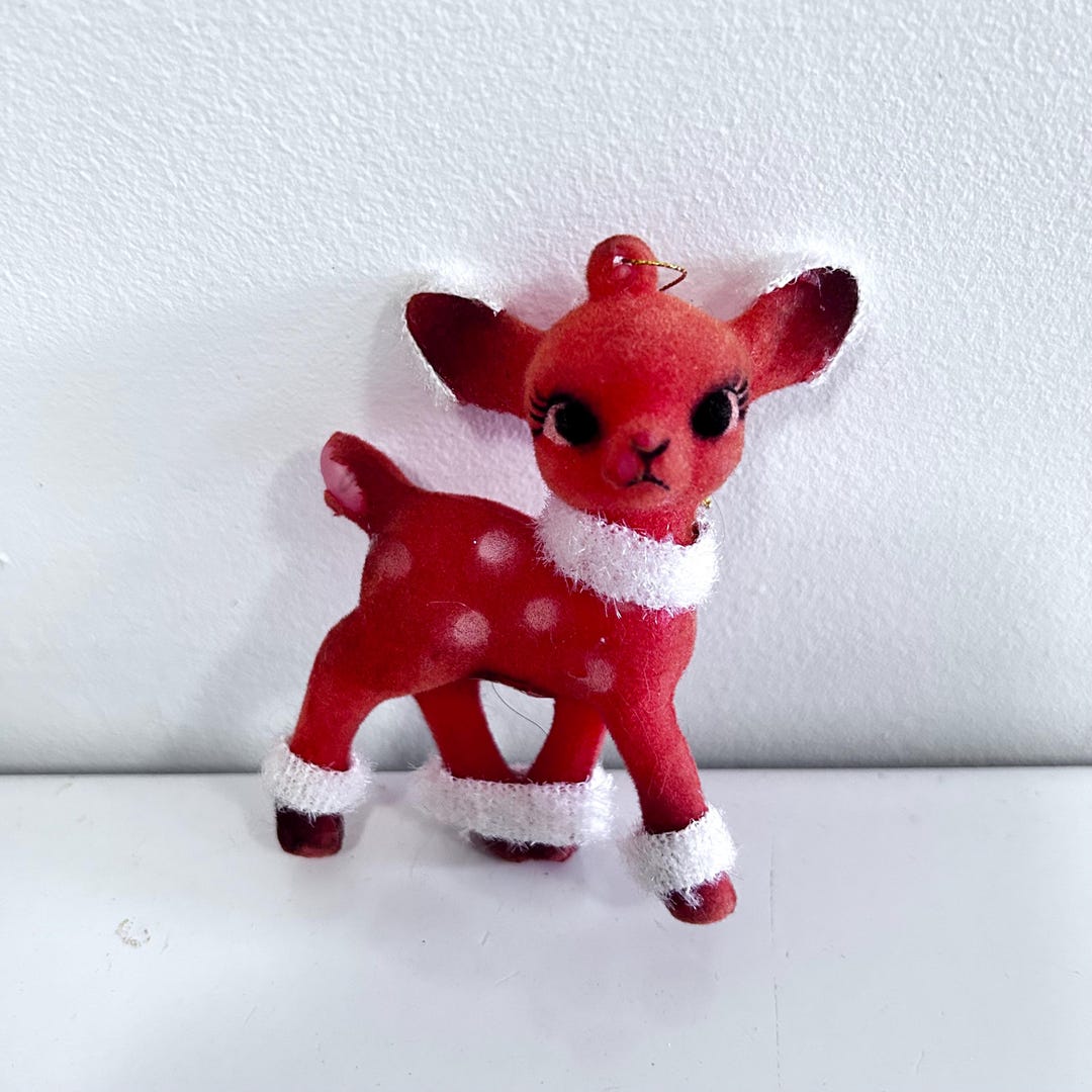 Small Vintage Flocked Christmas Reindeer Ornament With Red and White ...