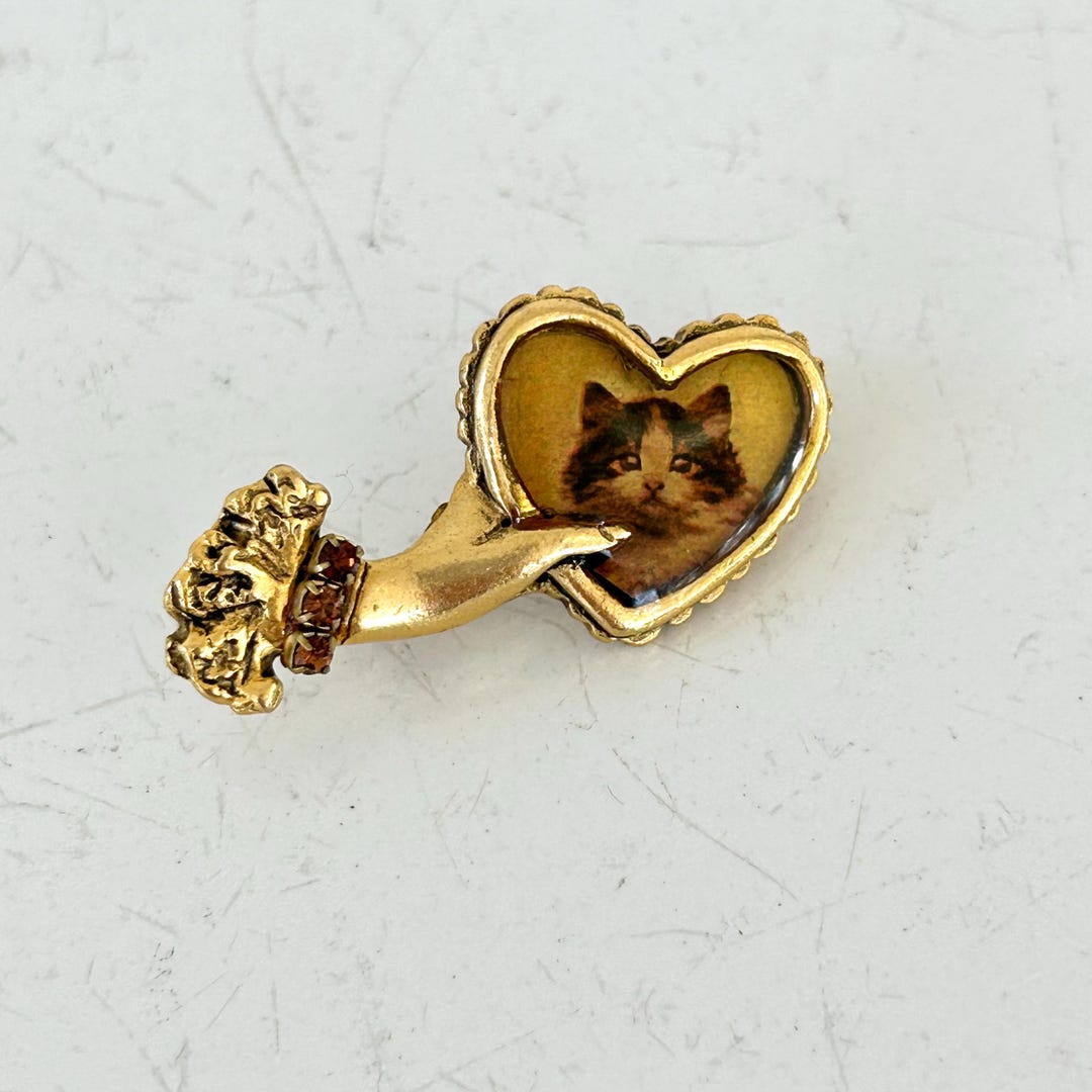 Vintage Maximal Art Pin Brooch of Bejeweled Hand Holding a Heart With ...