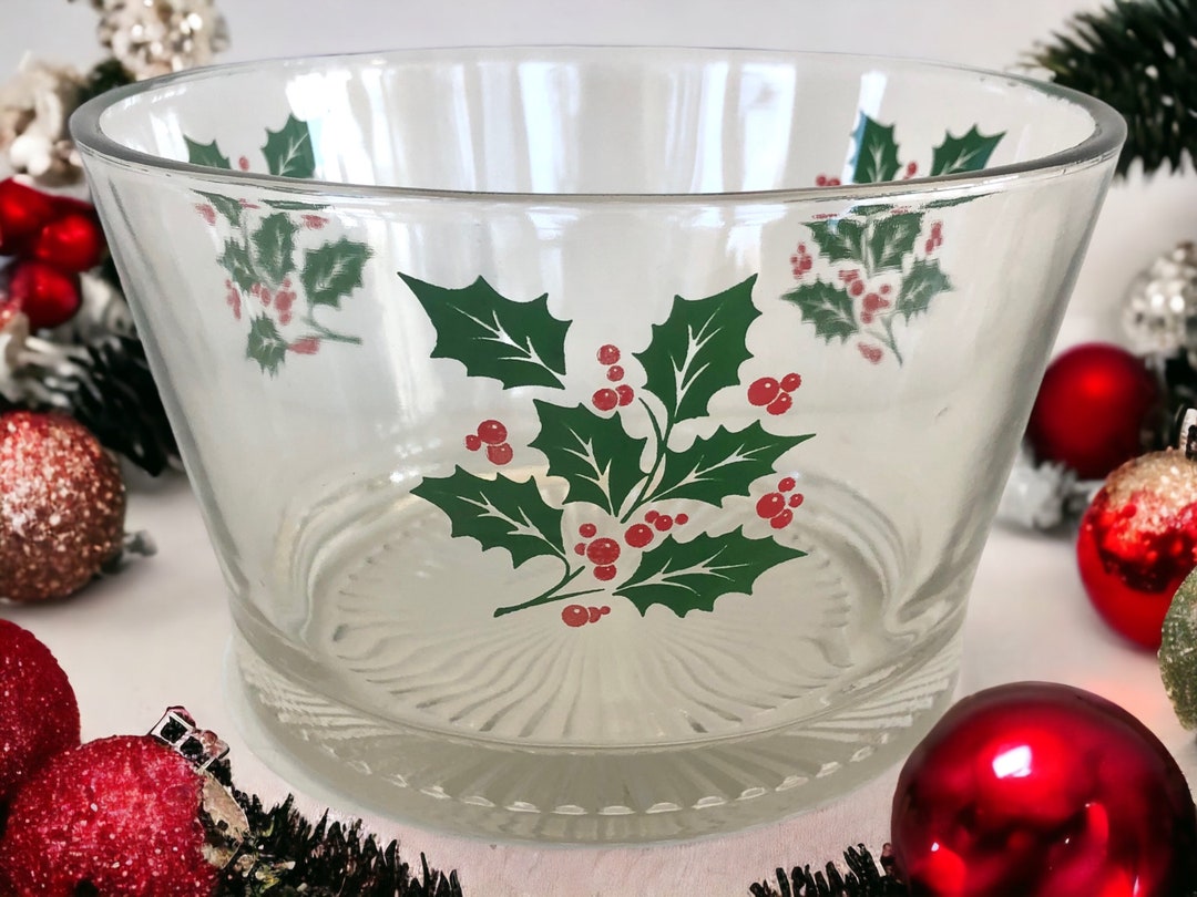 Vintage Christmas Clear Glass Ice Bucket or Serving Bowl With Green ...
