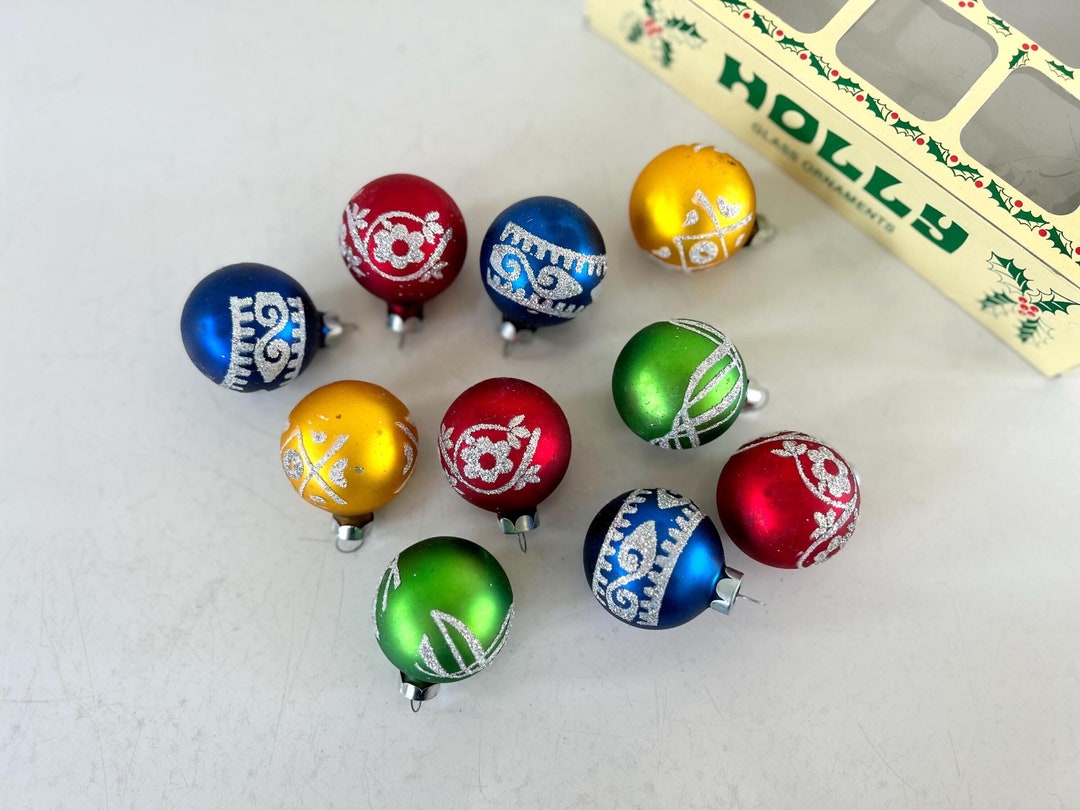 12 Vintage Christmas Small Glass Ball Ornaments Red Green Gold Blue ...