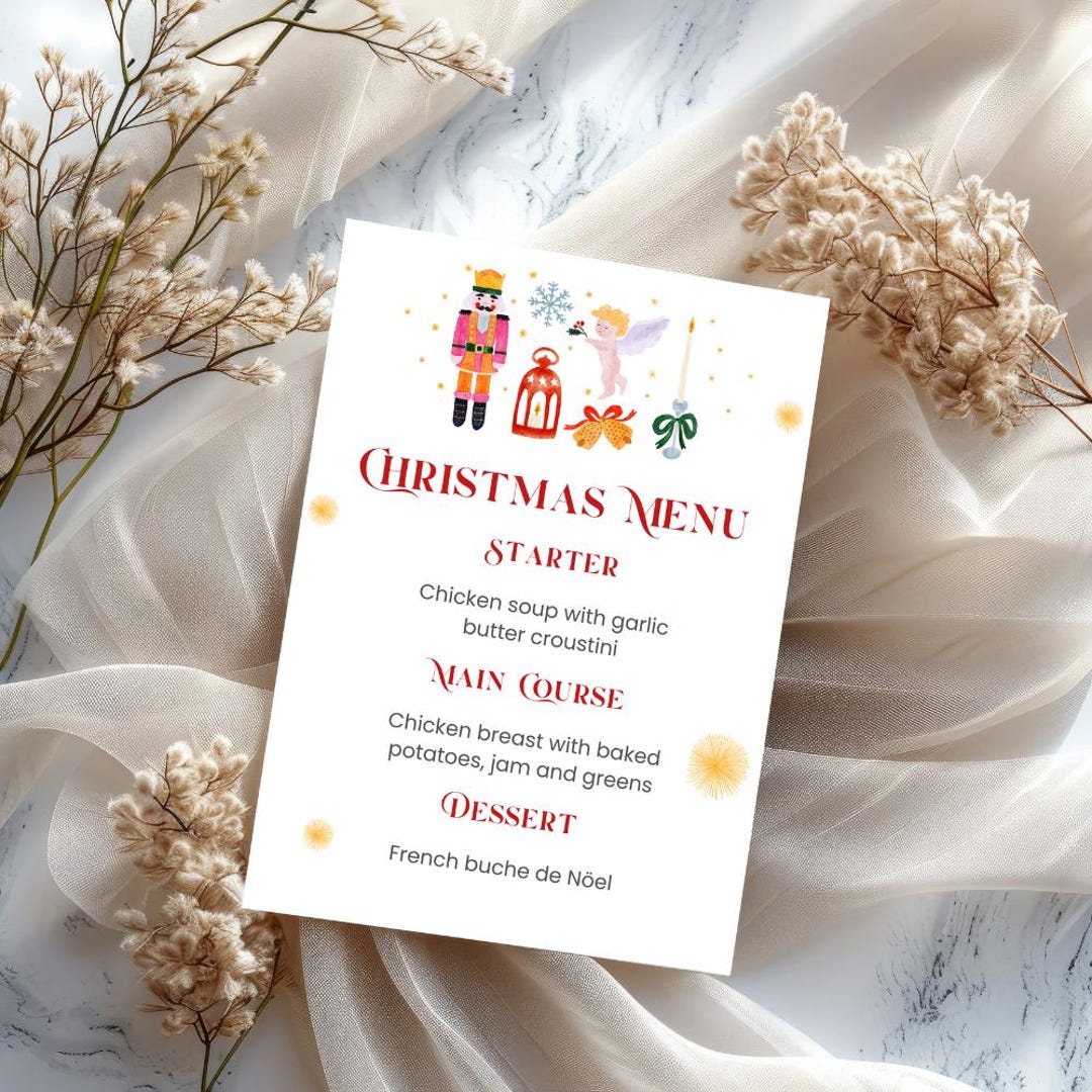 Christmas Menu Template Canva | Nutcracker Watercolor Design | Editable ...
