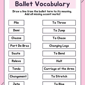 Basic Ballet Vocabulary Worksheet | Beginning Ballet Vocabulary ...