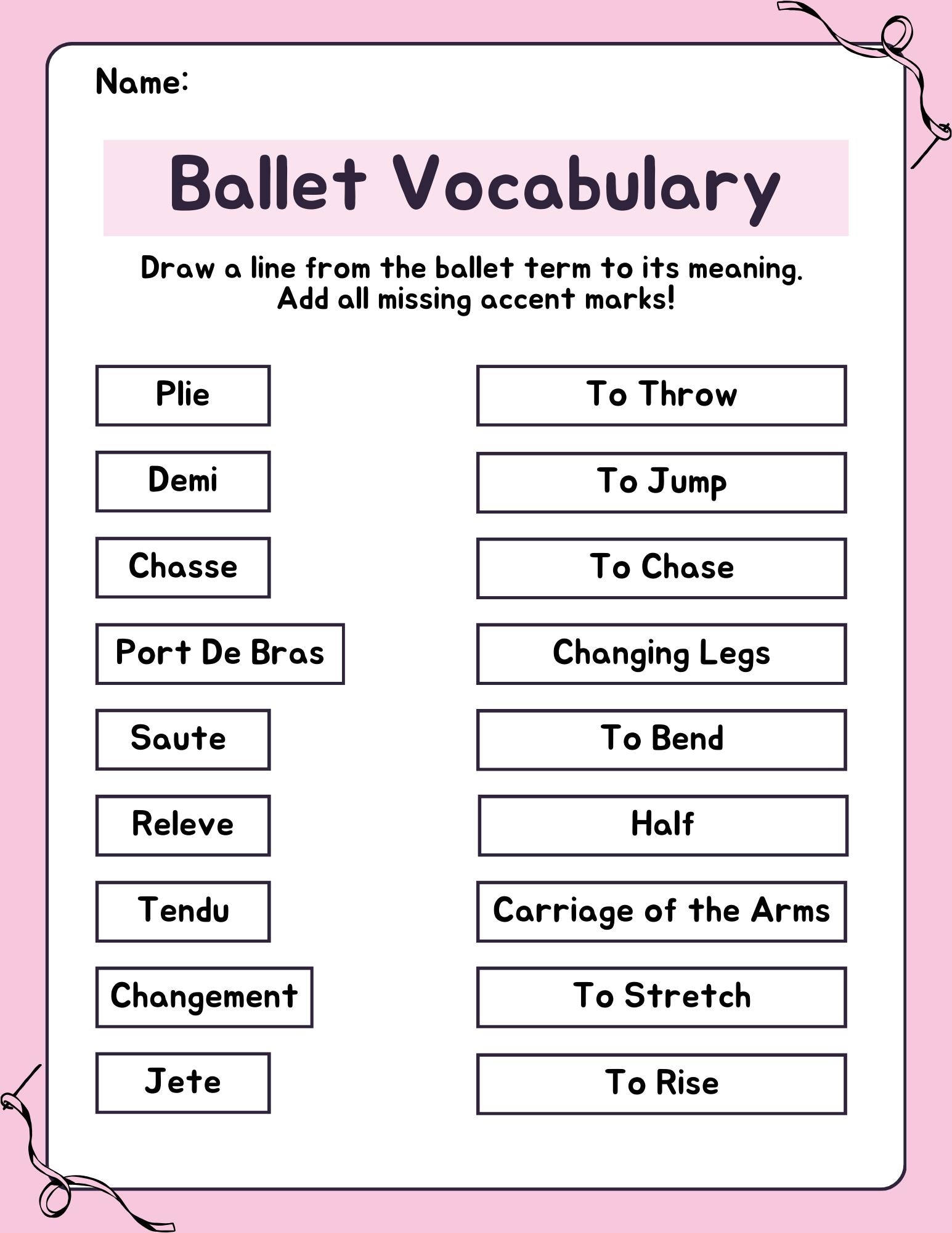 Basic Ballet Vocabulary Worksheet | Beginning Ballet Vocabulary ...