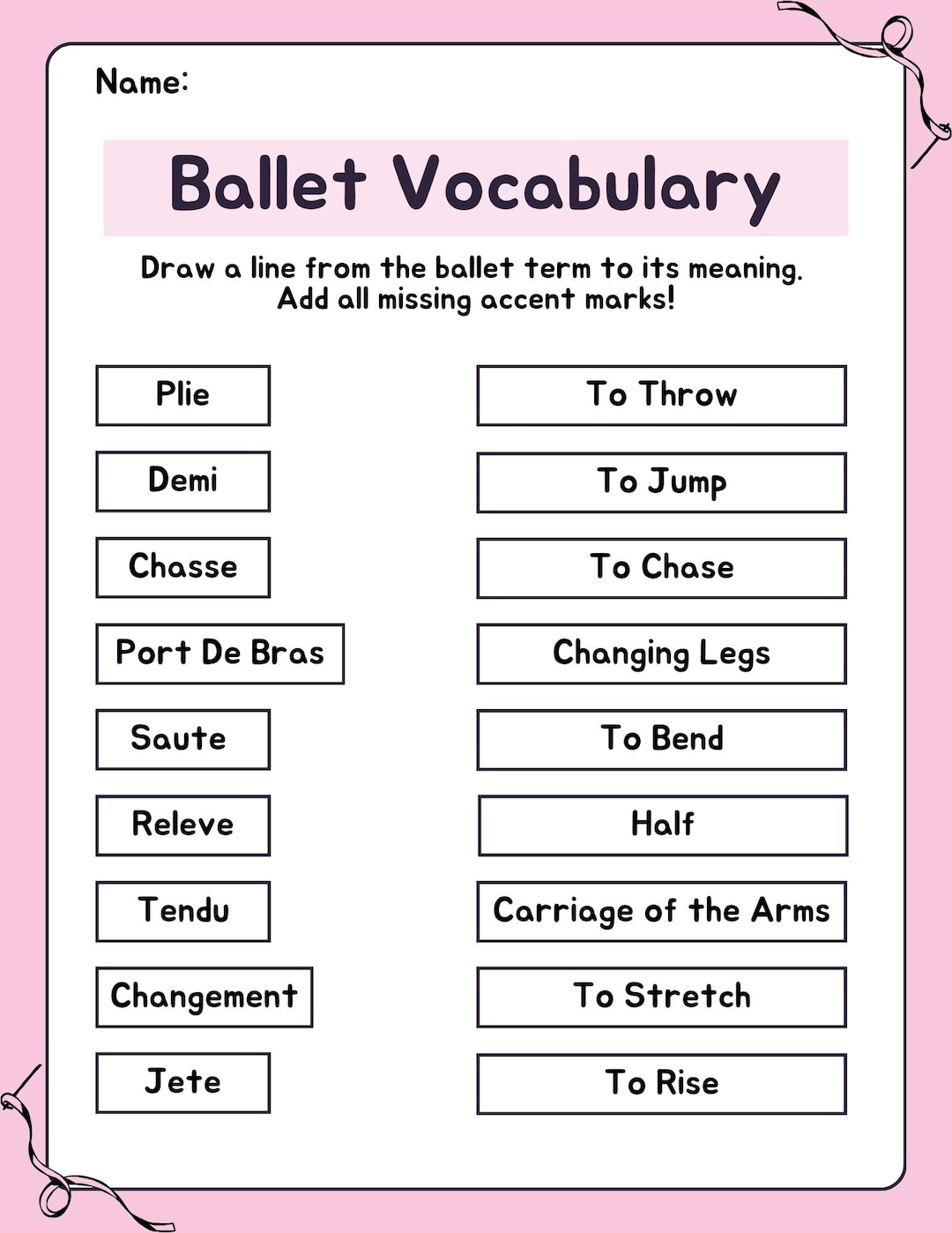 Basic Ballet Vocabulary Worksheet | Beginning Ballet Vocabulary ...