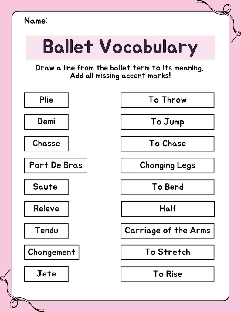 Basic Ballet Vocabulary Worksheet | Beginning Ballet Vocabulary ...