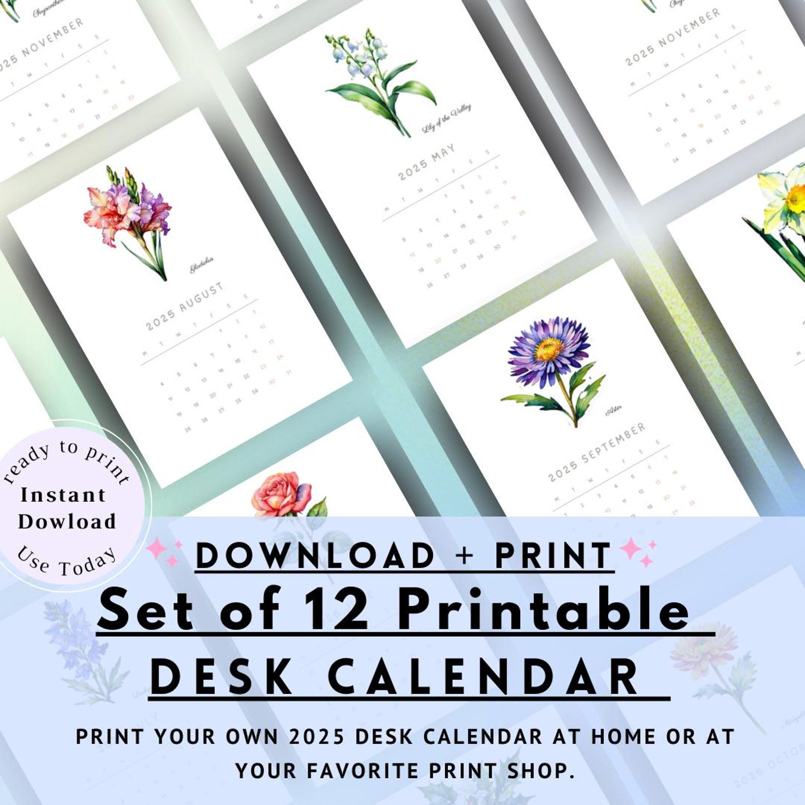 2025 Mini Desk Calendar | Birth Flower Calendar | Watercolor Floral ...