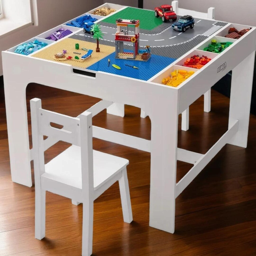 2-in-1 Kids Handmade Activity Table With Storage & Chairs - Building ...