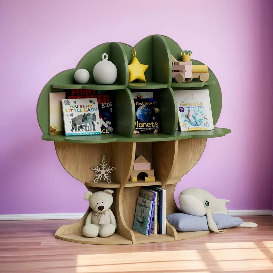 Kids Tree Bookshelf – 4-tier Handmade Wooden Bookcase & Toy Storage ...