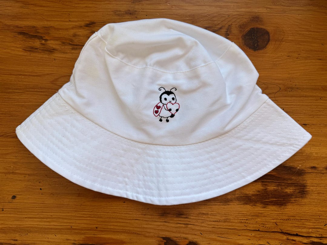 Hand Embroidered Love Bug Bucket Hat, Valentine’s Ladybug Hearts, White ...