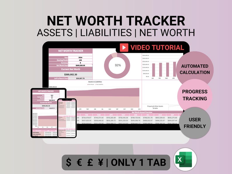 Net Worth Tracker Excel Spreadsheet Digital Net Worth Goal Calculator ...