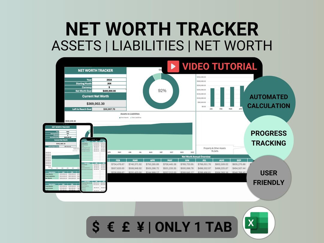 Net Worth Tracker Excel Spreadsheet | Digital Net Worth Goal Calculator ...