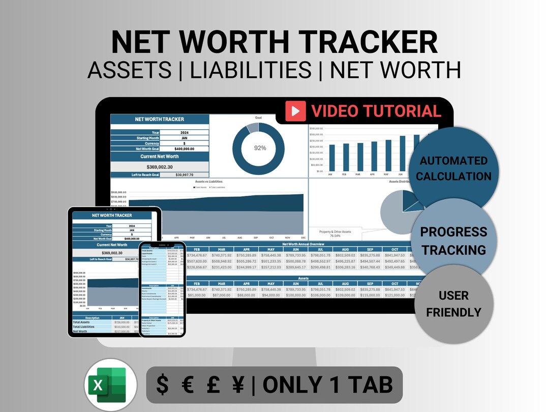 Net Worth Tracker Excel Spreadsheet Digital Net Worth Goal Calculator ...