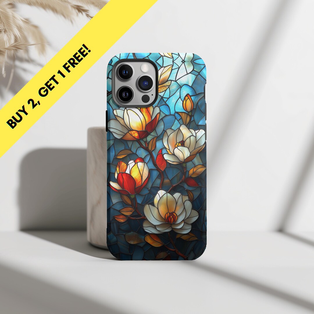 Floral Faux Stained Glass Phone Case Elegant Magnolia Flowers 3D Effect ...