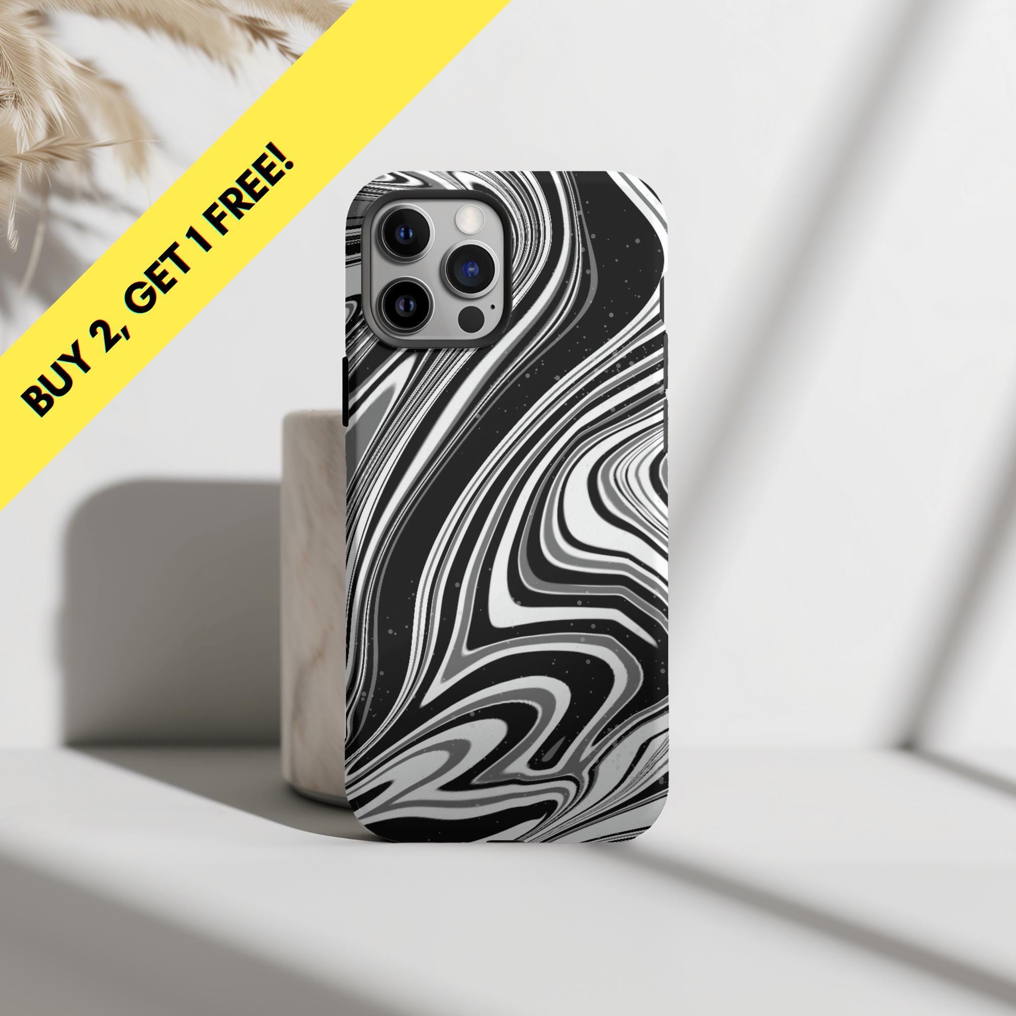 Abstract Lines Phone Case Wavy Black & White iPhone 16 15 14 13 12 11 ...