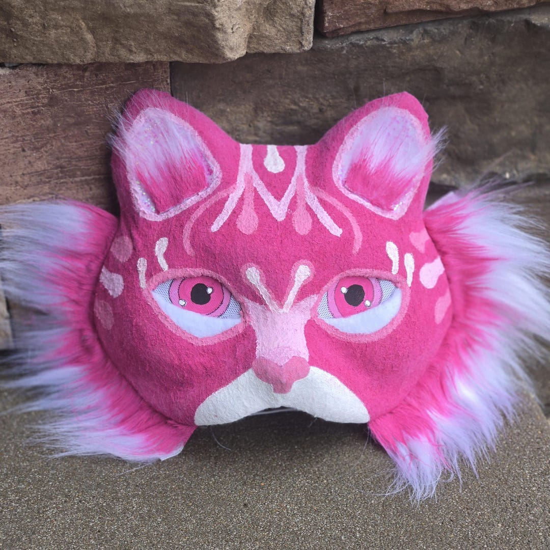 Premade, Pink Cat Therian Mask With Pearlsand Butterflies, Paper Base ...