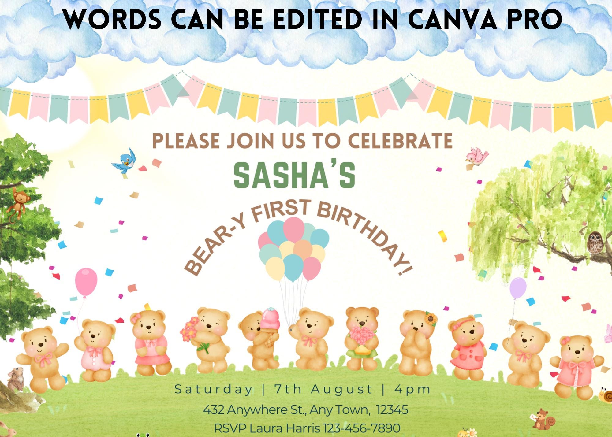 Editable Beary First Birthday Invitation, Bear Theme Digital Invite ...