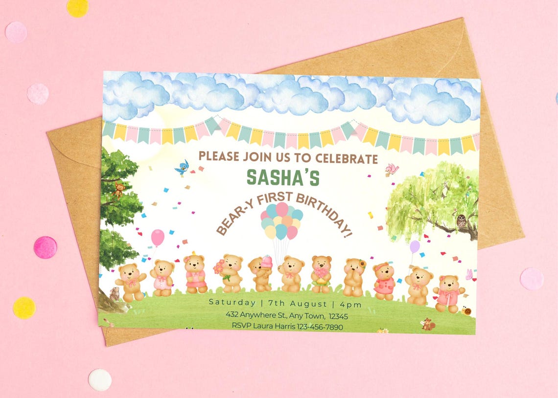 Editable Beary First Birthday Invitation, Bear Theme Digital Invite ...
