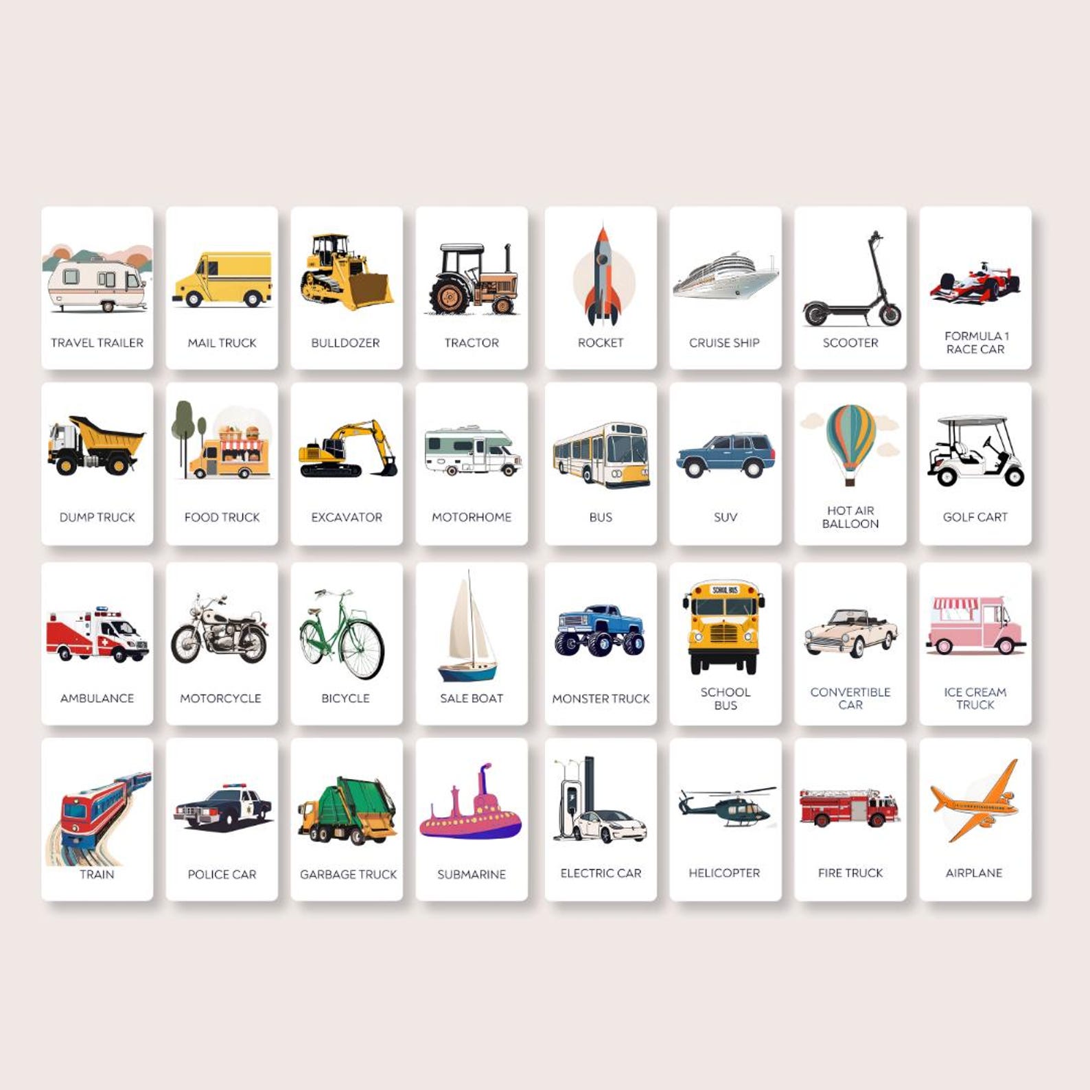 Vehicle Flash Cards, Peschool, Nomenclature Cards, ESL, Montessori ...
