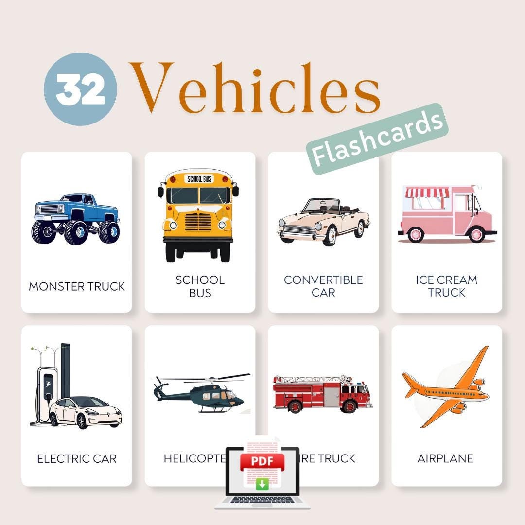 Vehicle Flash Cards, Peschool, Nomenclature Cards, ESL, Montessori ...
