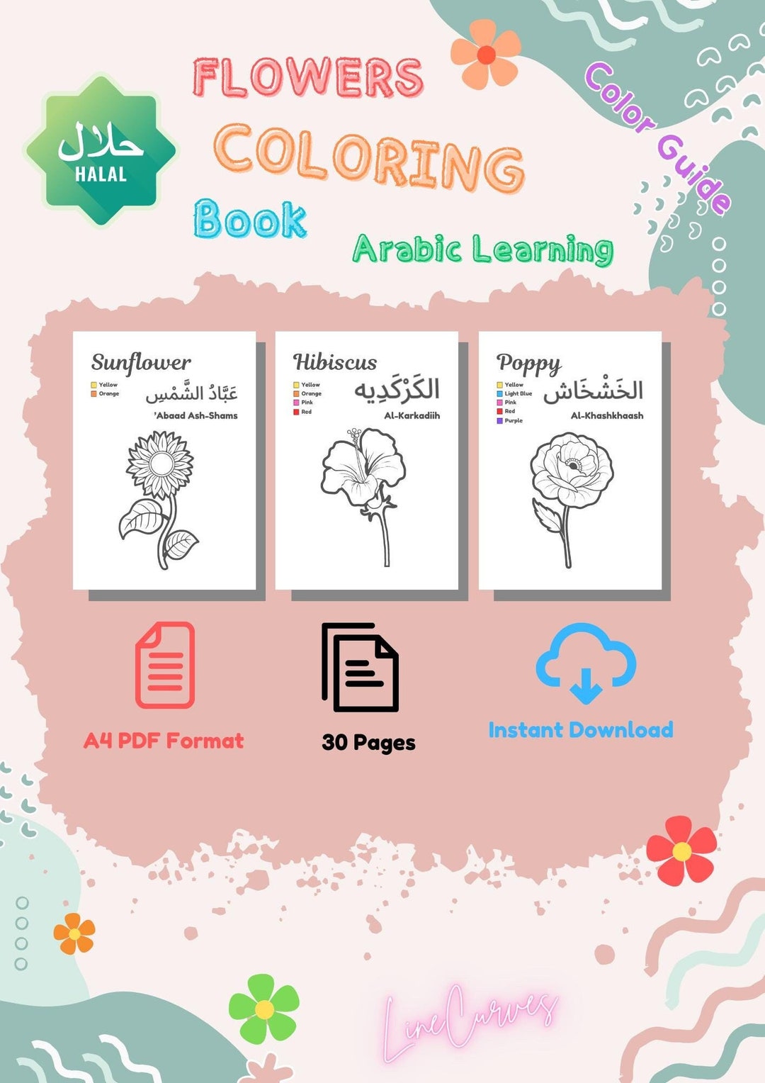 HALAL Coloring Book for Kids 30 Pages of Flowers With Arabic Names ...