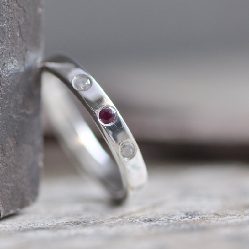 Handcrafted ring with 3 stones flush set in sterling silver | Etsy