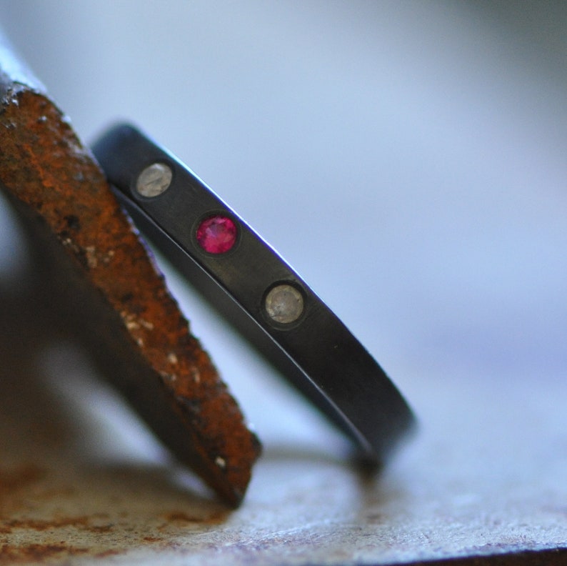 Handcrafted ring with 3 stones flush set in sterling silver | Etsy