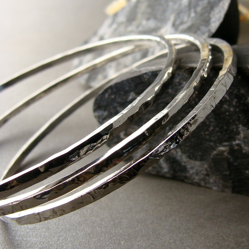 Hammered sterling silver bangle bracelets: set of 3 simple | Etsy
