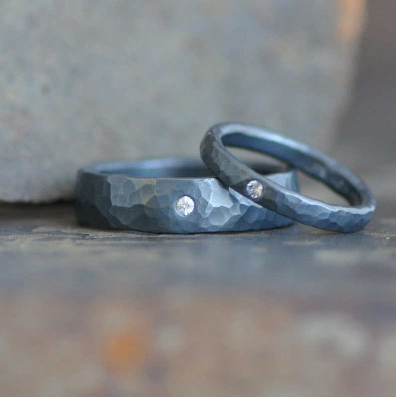 Hammered and Darkened Sterling Silver Ring Band Set With Flush - Etsy