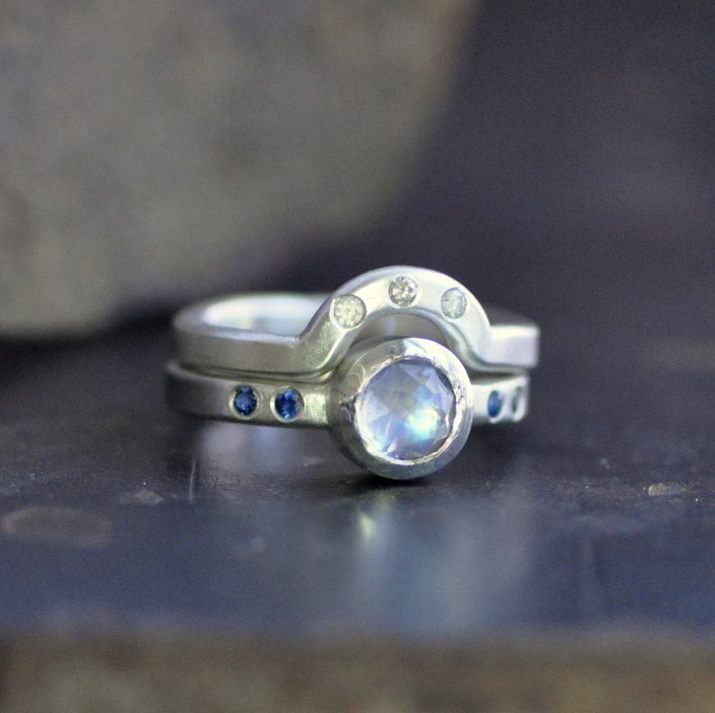 Handmade Rose Cut Moonstone Ring Set: Sterling Silver, Sapphire ...