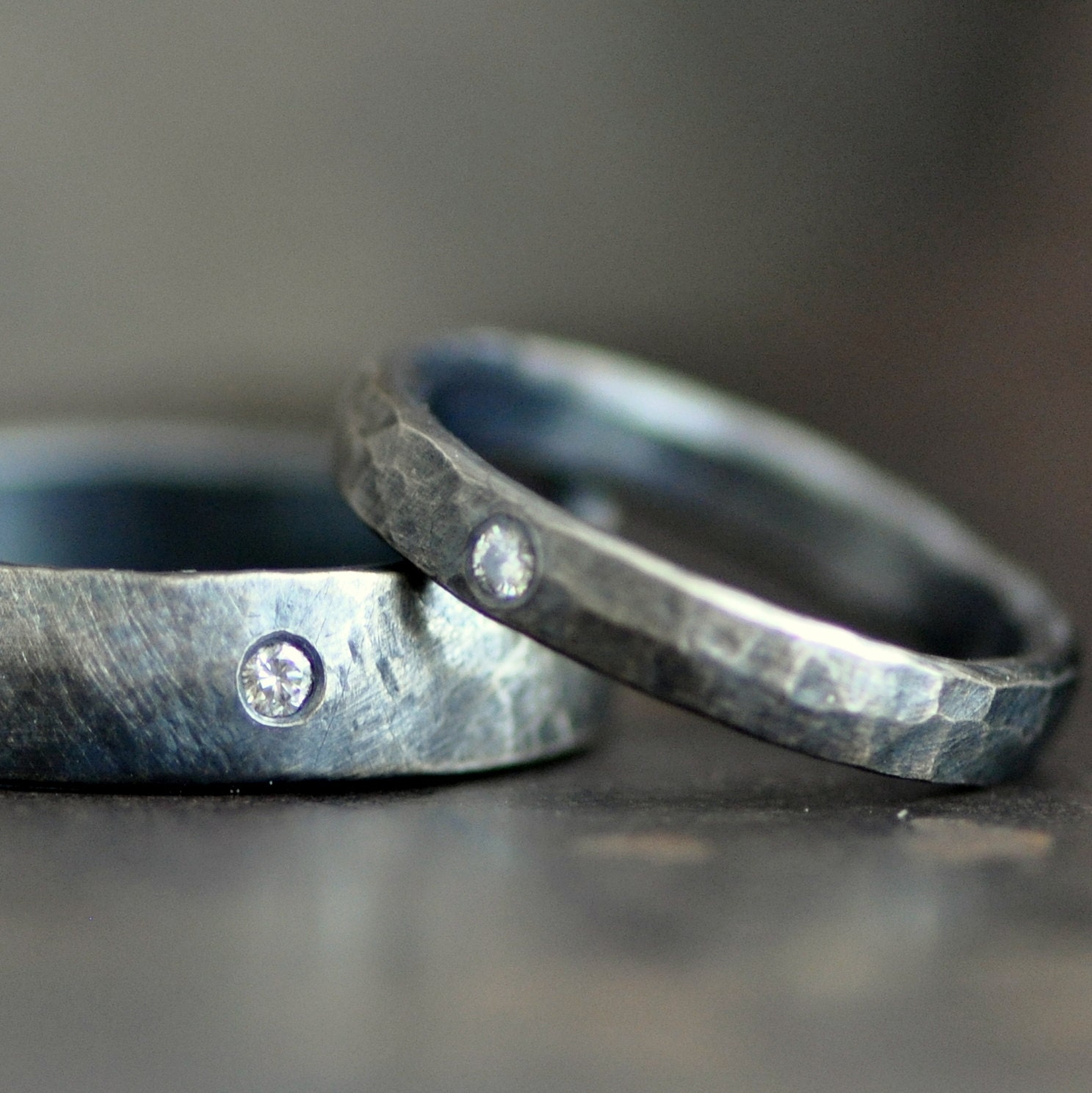 Hammered and Darkened Sterling Silver Ring Band Set With Flush - Etsy