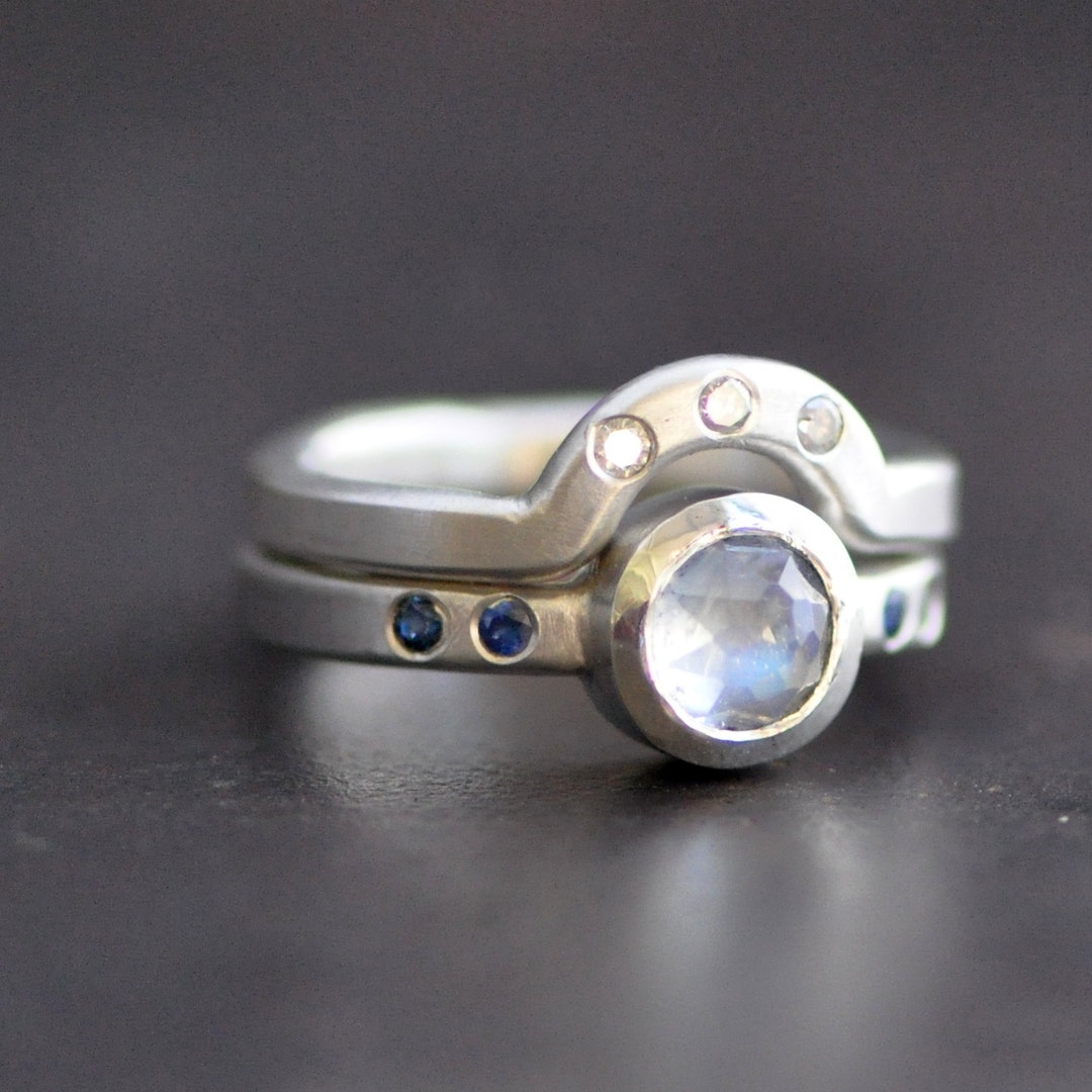 Handmade Rose Cut Moonstone Ring Set: Sterling Silver, Sapphire ...