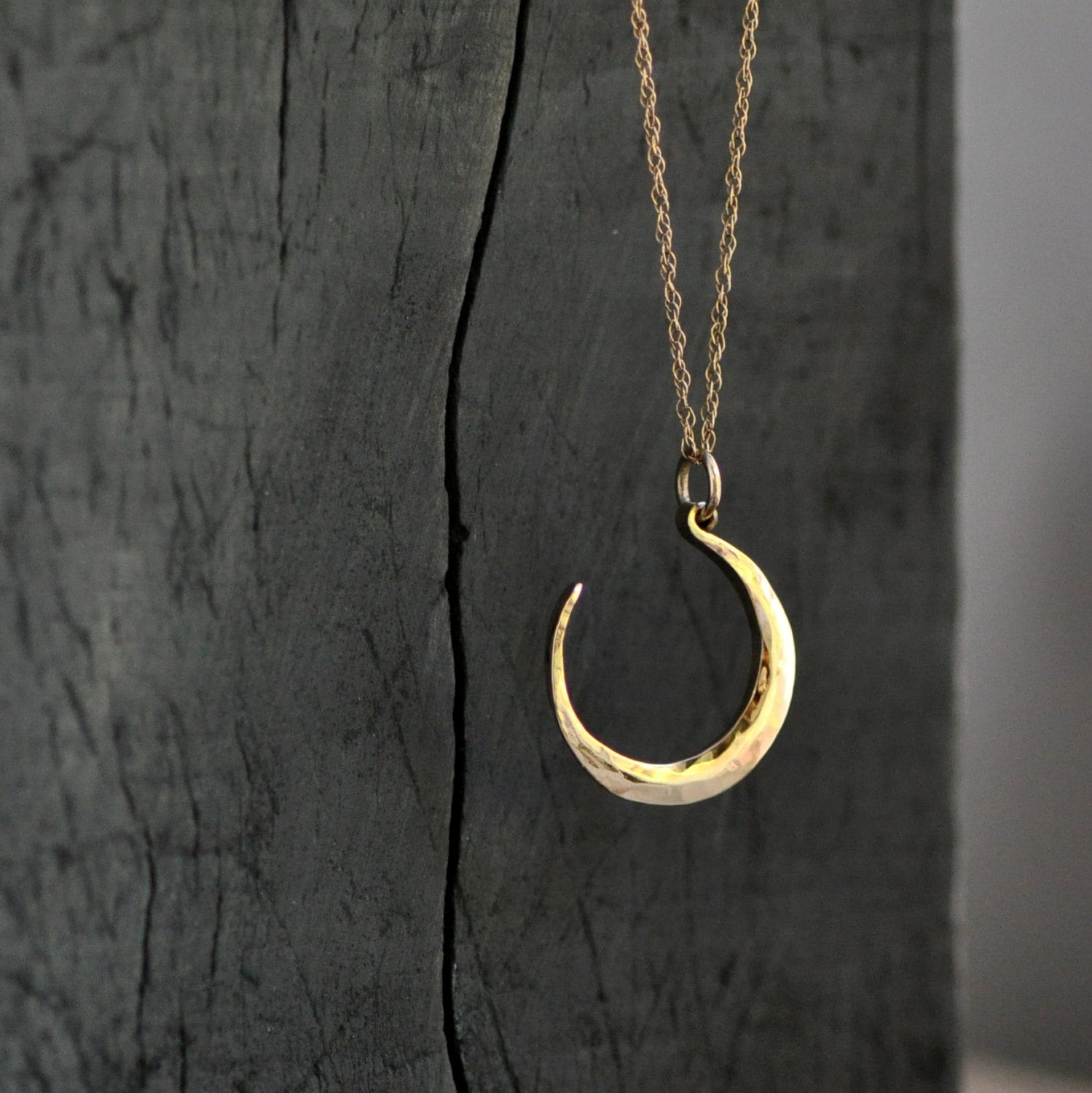 Golden crescent moon 14k gold moon necklace hand wrought | Etsy