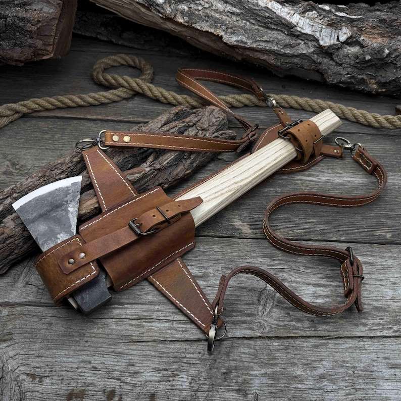 Bushcraft Hatchet. Sharp Carbon Steel Blade, Ash Wood Handle, Leather ...