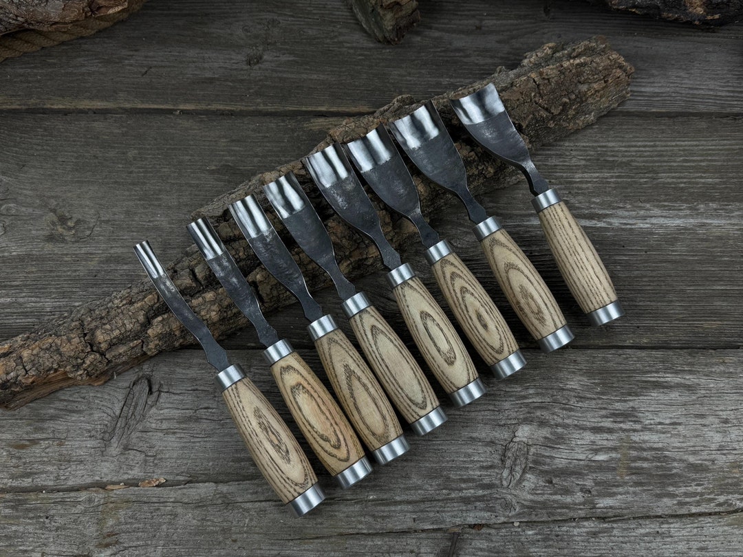 Hand Forged Bent Gouge Set 8-piece for Wood Carving. Sharp Carbon Steel ...