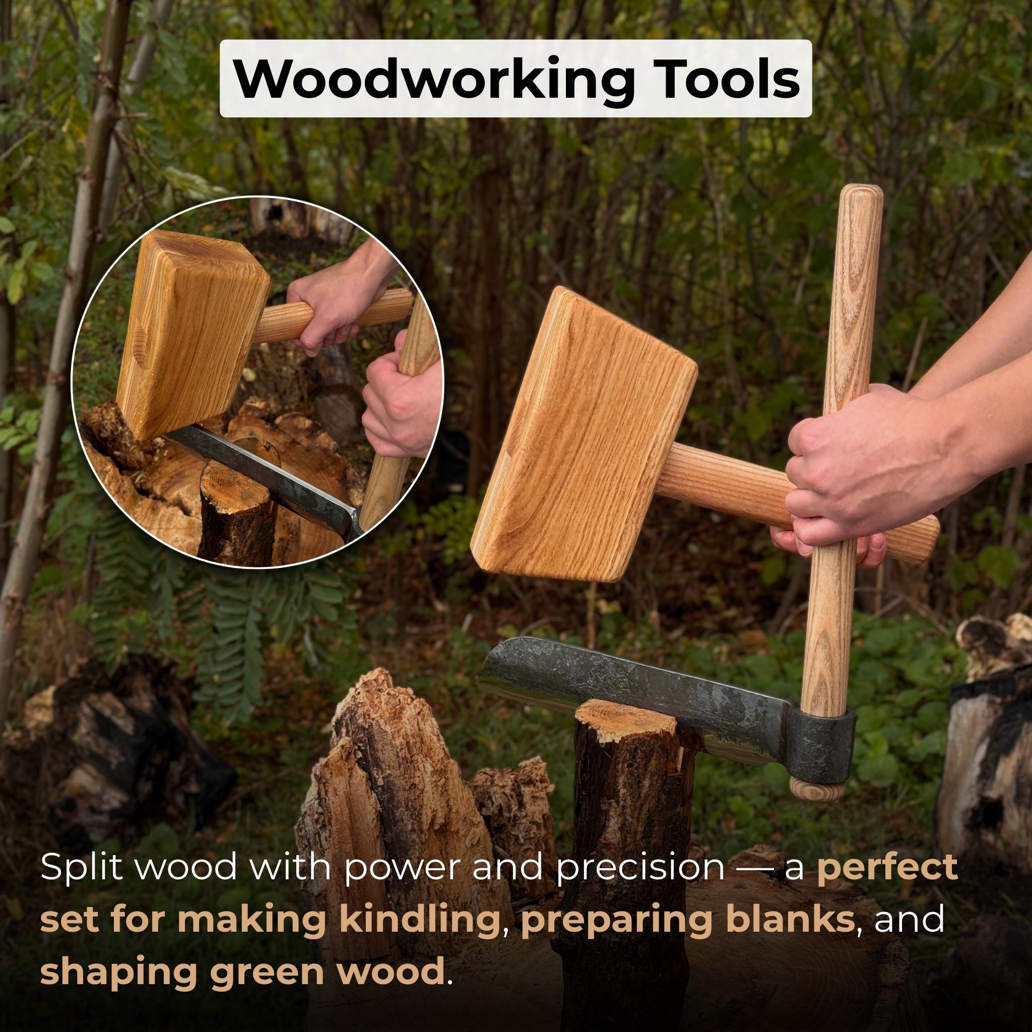 Splitting Froe and Wooden Mallet Set – Hand Forged Wood Splitter Tool ...